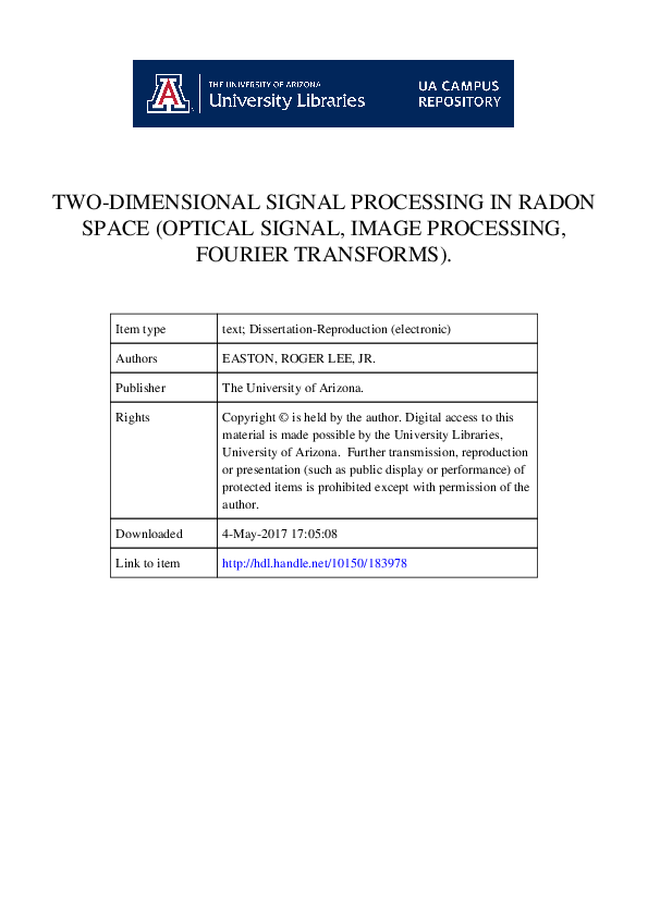 (PDF) Two-dimensional signal processing in Radon space | Roger Easton ...