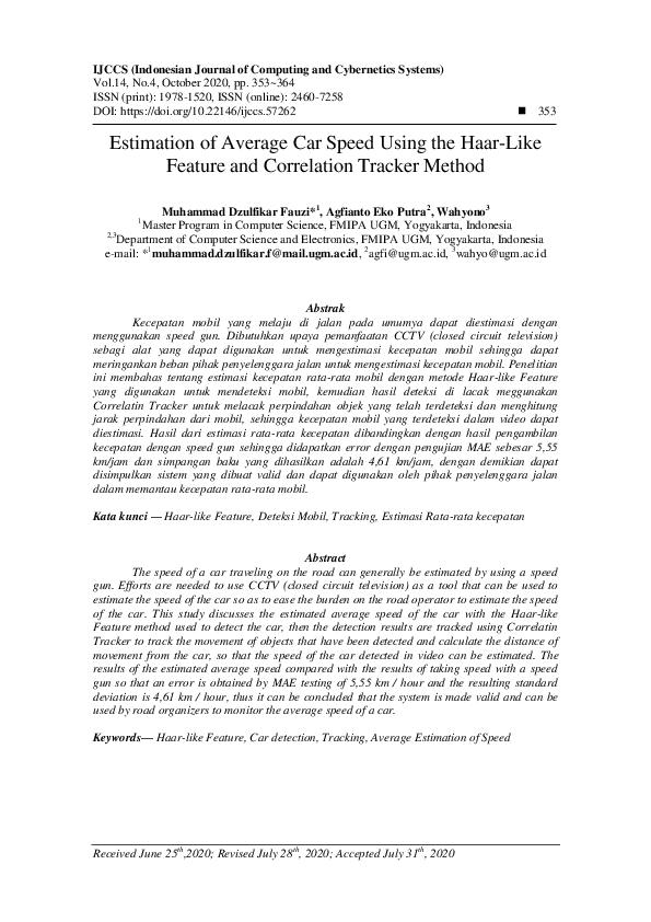 (PDF) Estimation of Average Car Speed Using the Haar-Like Feature and Correlation Tracker Method