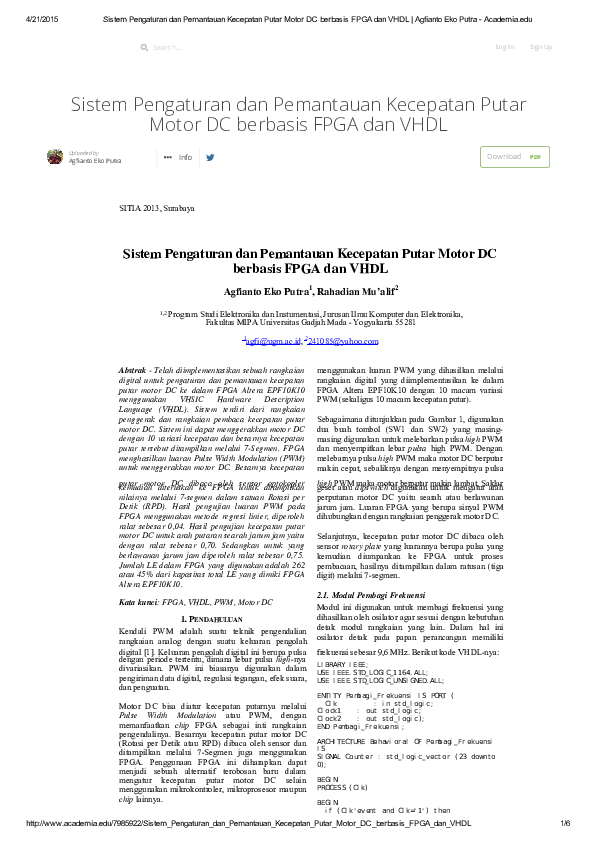 (PDF) Sistem Pengaturan dan Pemantauan Kecepatan Putar Motor DC berbasis FPGA dan VHDL ...