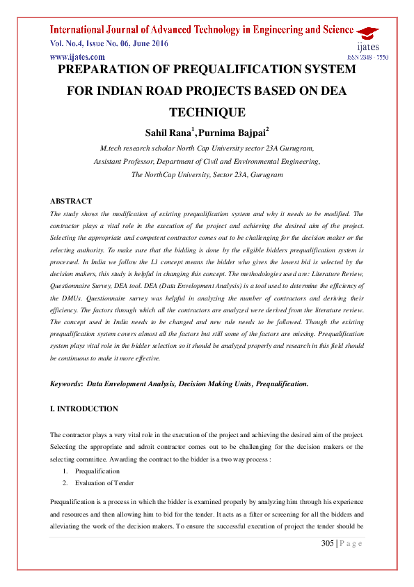 (PDF) Preparation of Prequalification System for Indian Road Projects Based on Dea Technique
