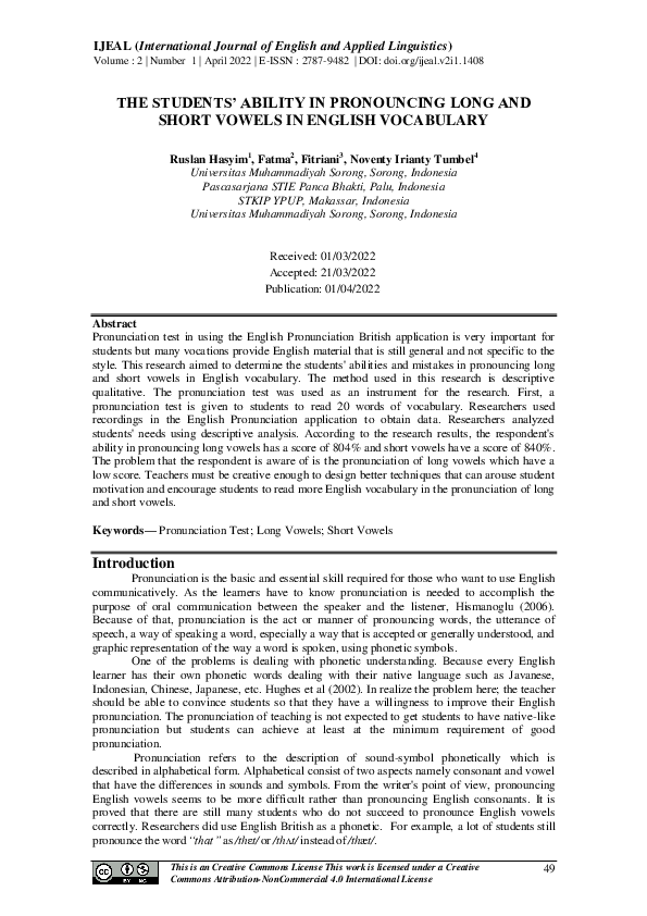 (PDF) Students' Ability in Pronouncing Long and Short Vowels in English ...