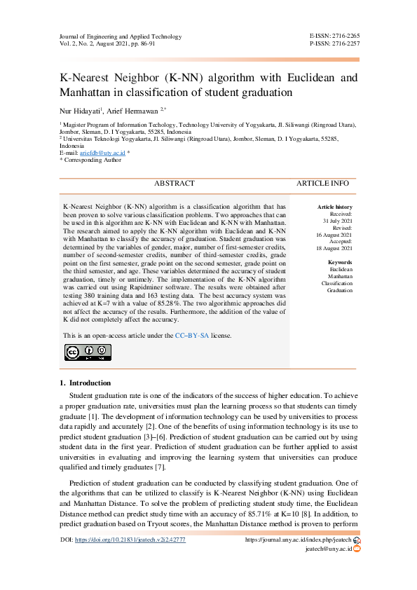 (PDF) K-Nearest Neighbor (K-NN) algorithm with Euclidean and Manhattan in classification of ...