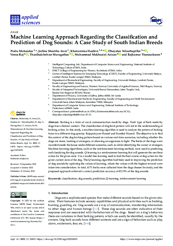 (PDF) Machine Learning Approach Regarding the Classification and Prediction of Dog Sounds: A ...
