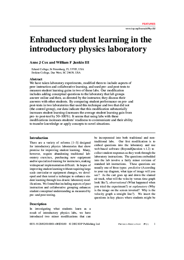 (PDF) Enhanced student learning in the introductory physics laboratory