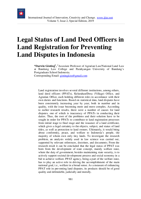(PDF) Legal Status of Land Deed Officers in Land Registration for ...