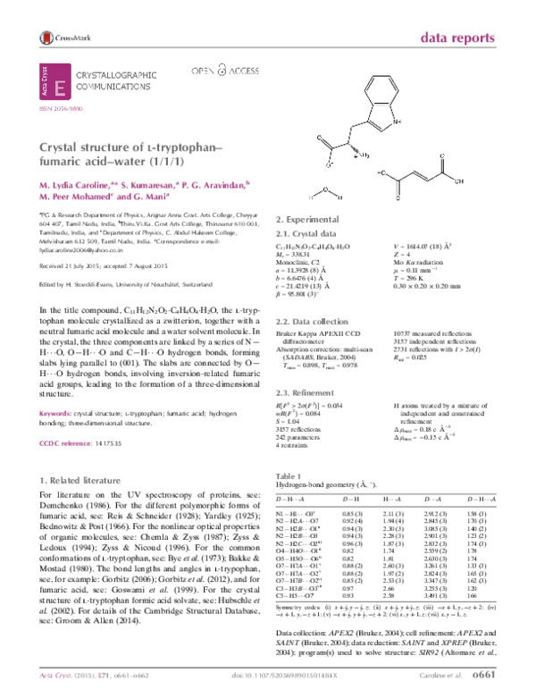 (PDF) Crystal structure ofL-tryptophan–fumaric acid–water (1/1/1)