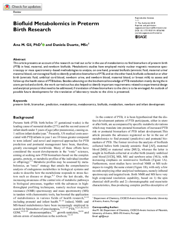 (PDF) Metabolomics Biomarkers for Preterm Birth in Biofluids