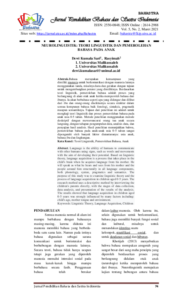 (PDF) Neurolinguistik: Teori Linguistik Dan Pemerolehan Bahasa Pada Anak