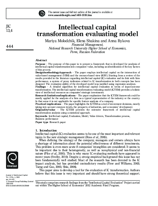 (PDF) Intellectual capital transformation evaluating model