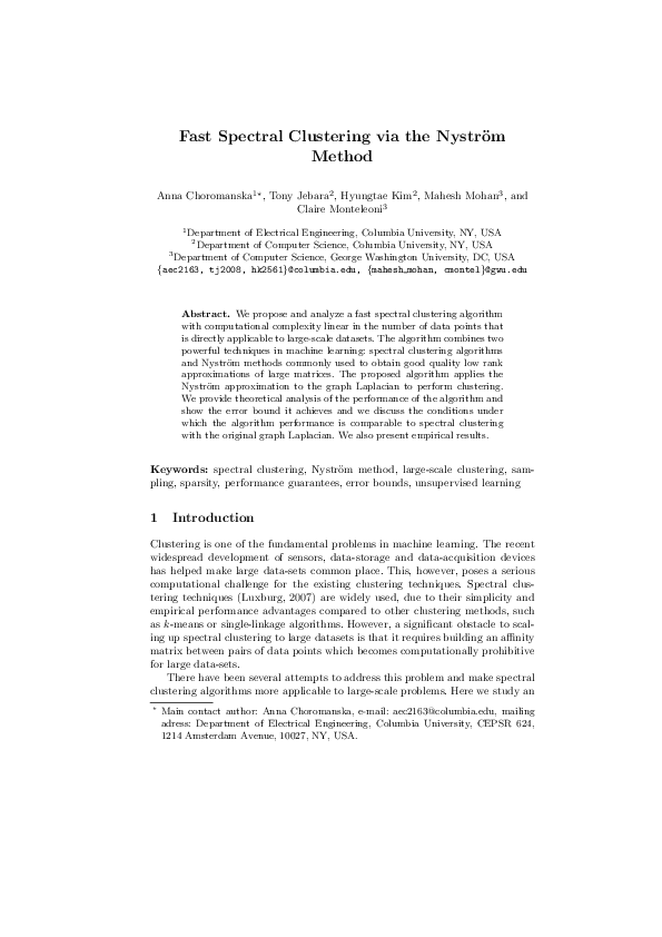 (PDF) Fast Spectral Clustering via the Nyström Method