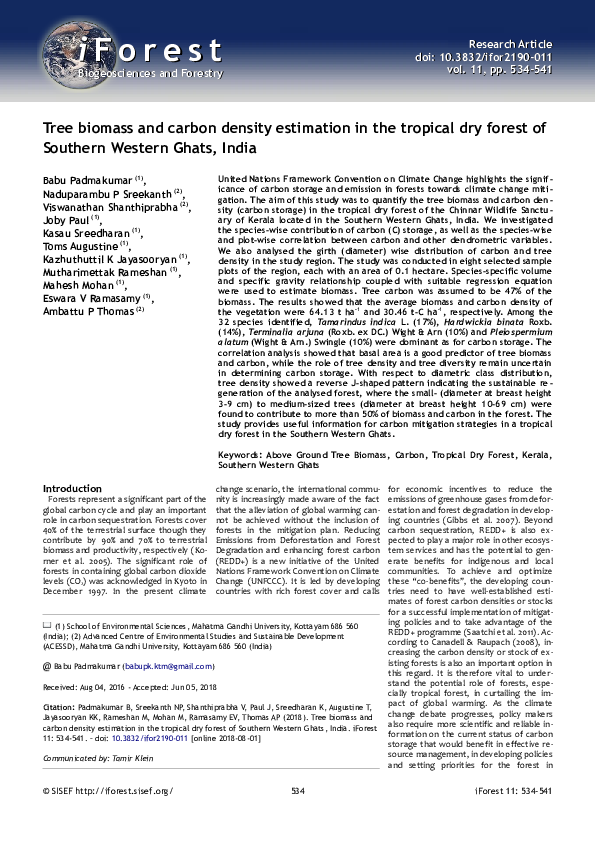 (PDF) Tree biomass and carbon density estimation in the tropical dry ...