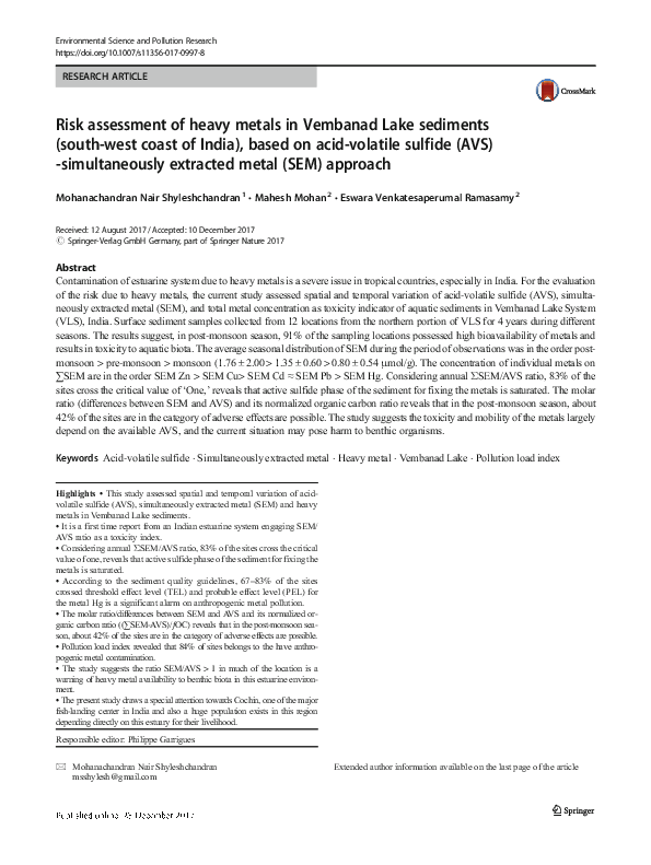 (PDF) Risk assessment of heavy metals in Vembanad Lake sediments (south ...