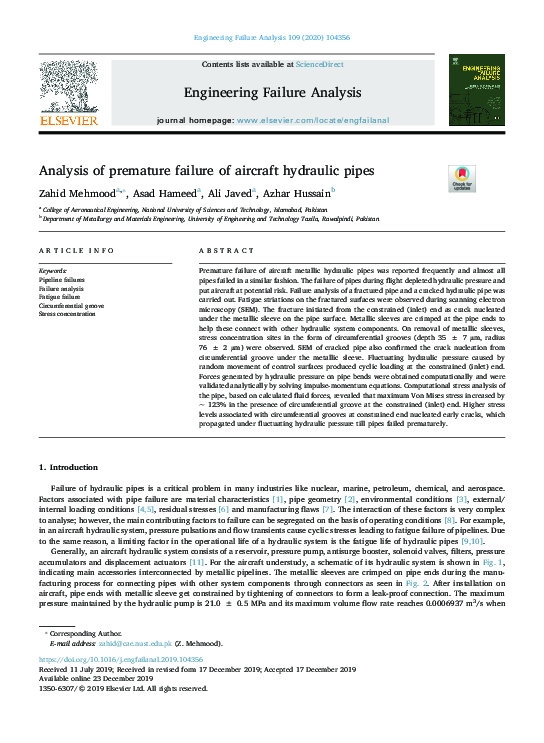 (PDF) Analysis of premature failure of aircraft hydraulic pipes