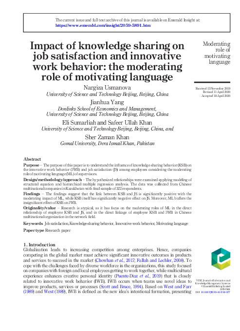 (PDF) Impact of knowledge sharing on job satisfaction and innovative work behavior: the ...