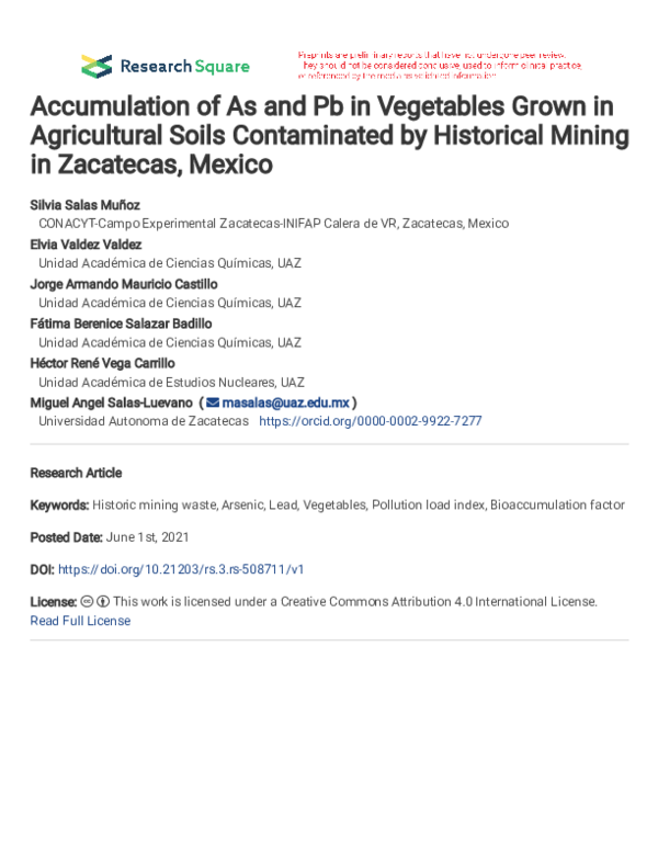 (PDF) Accumulation of As and Pb in Vegetables Grown in Agricultural ...
