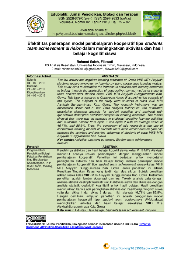 (PDF) Efektifitas penerapan model pembelajaran kooperatif tipe students team achievement ...