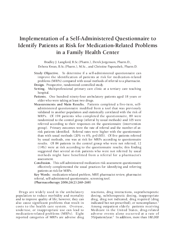 (PDF) Implementation of a Self-Administered Questionnaire to Identify ...