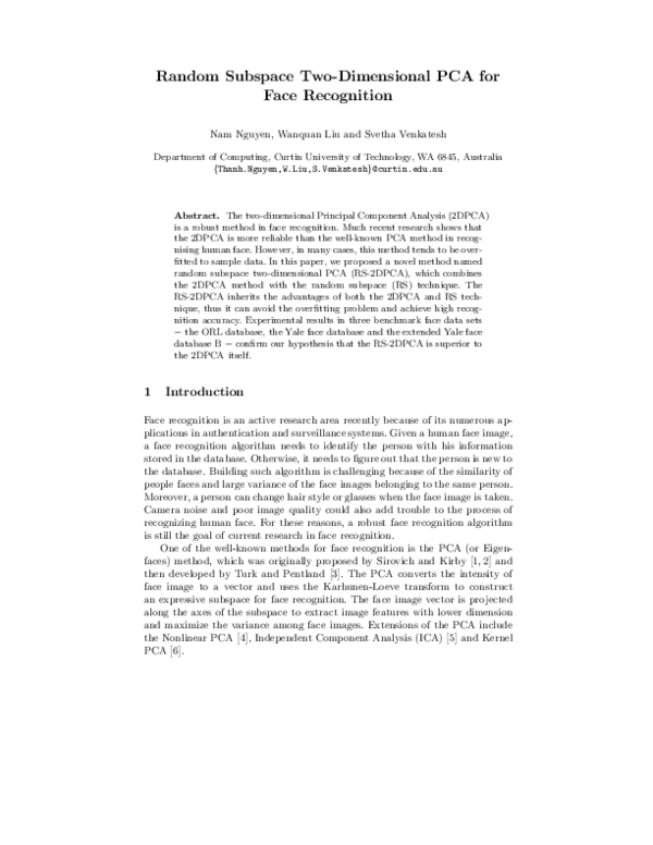 (PDF) Random Subspace Two-Dimensional PCA for Face Recognition