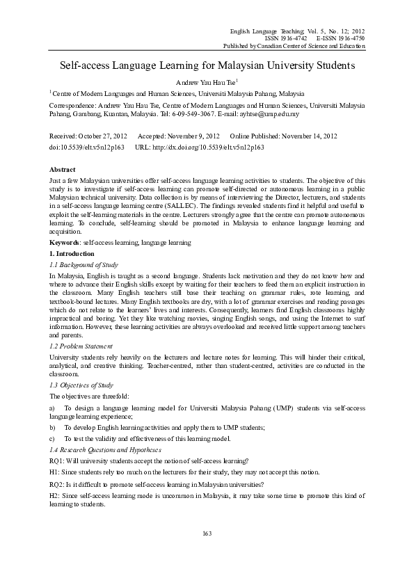 (PDF) Self-access Language Learning for Malaysian University Students