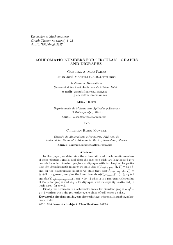(PDF) Achromatic numbers for circulant graphs and digraphs