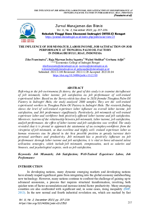 (PDF) The Influence of Job Mismatch, Labor Income, Job Satisfaction on ...