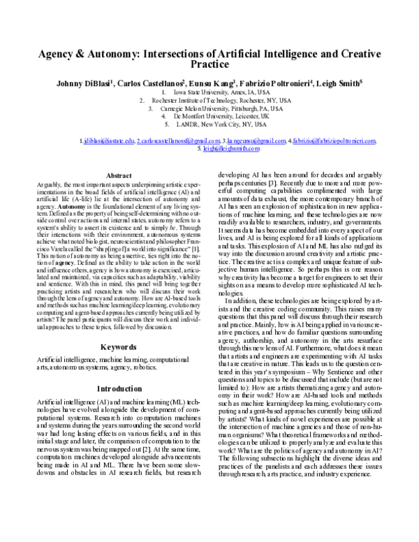 (PDF) Agency & Autonomy: Intersections of Artificial Intelligence and Creative Practice