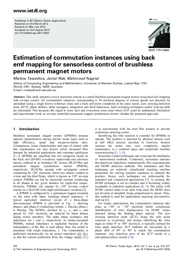 Pdf Estimation Of Commutation Instances Using Back Emf Mapping For Sensorless Control Of 8639