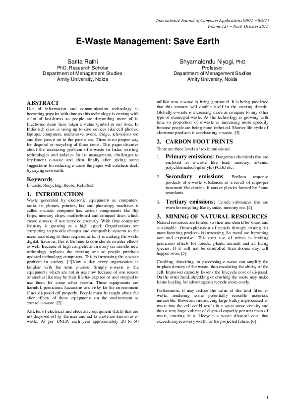 (PDF) 1 E-Waste Management: Save Earth
