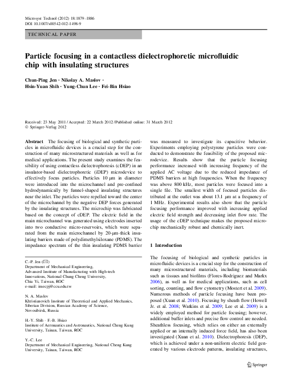 (PDF) Particle focusing in a contactless dielectrophoretic microfluidic chip with insulating ...