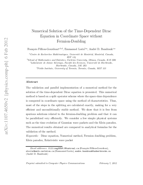 Pdf Numerical Solution Of The Time Dependent Dirac Equation In Coordinate Space Without