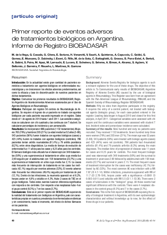 (PDF) Primer reporte de eventos adversos de tratamientos biológicos en Argentina. Informe de ...
