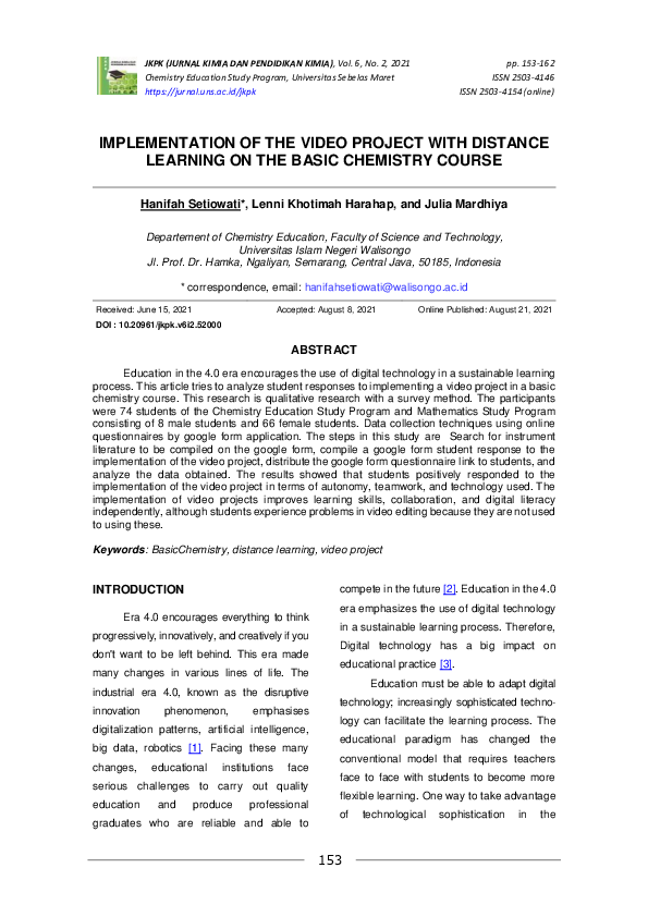 (PDF) Implementation of The Video Project with Distance Learning on The ...