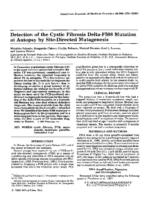 Detection of the cystic fibrosis delta-F508 mutation at autopsy by site ...
