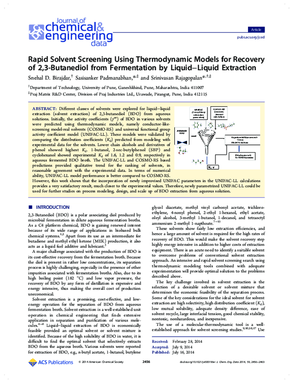 (PDF) Rapid Solvent Screening Using Thermodynamic Models for Recovery of 2,3-Butanediol from ...