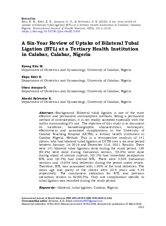 (PDF) A six- year review of uptake of bilateral tubal ligation (BTL) at ...