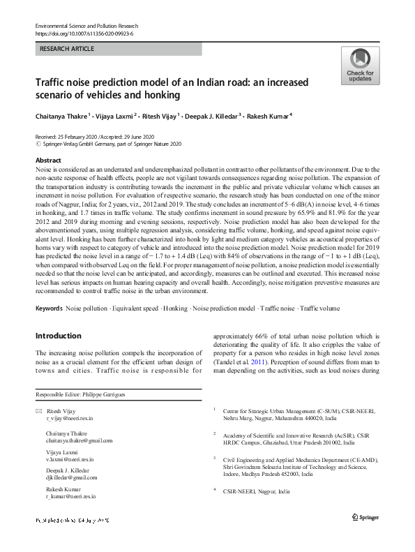 (PDF) Traffic noise prediction model of an Indian road: an increased scenario of vehicles and ...