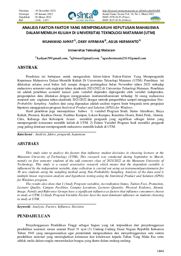 (PDF) Analisis Faktor-Faktor Yang Mempengaruhi Keputusan Mahasiswa Dalam Memilih Kuliah DI ...