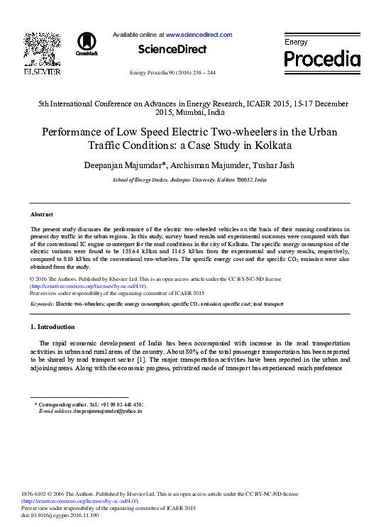 (PDF) Performance of Low Speed Electric Two-wheelers in the Urban ...