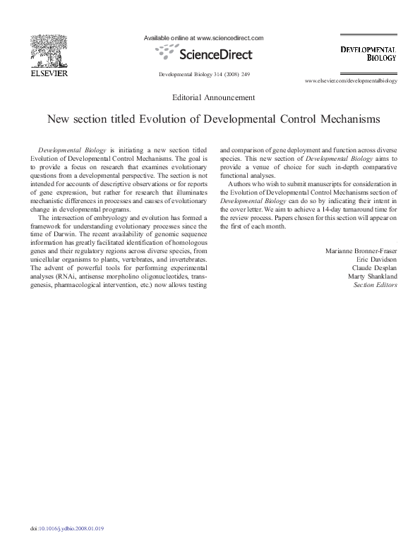 (PDF) New section titled Evolution of Developmental Control Mechanisms