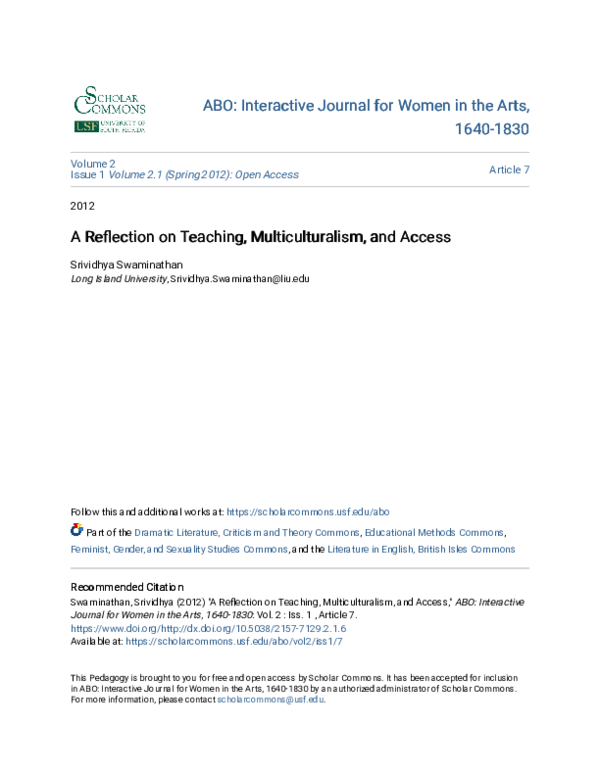 (PDF) A Reflection on Teaching, Multiculturalism, and Access