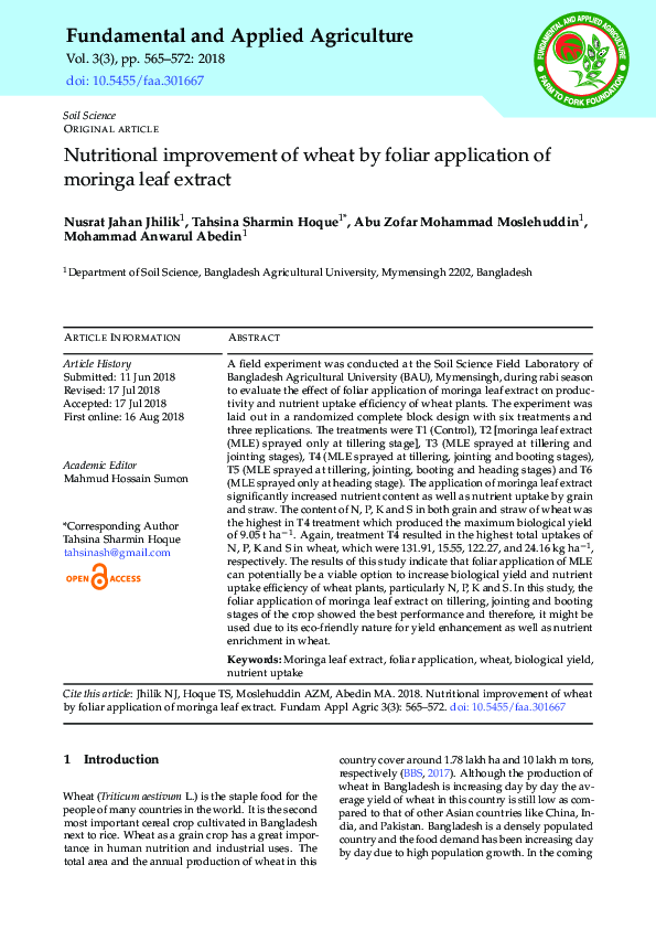 Pdf Nutritional Improvement Of Wheat By Foliar Application Of Moringa