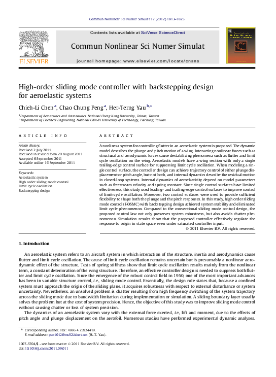 Pdf High Order Sliding Mode Controller With Backstepping Design For Aeroelastic Systems