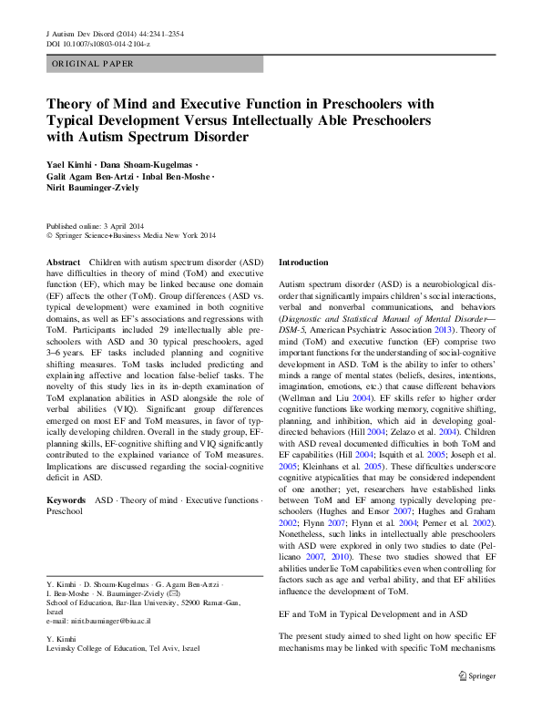 (PDF) Theory of Mind and Executive Function in Preschoolers with ...