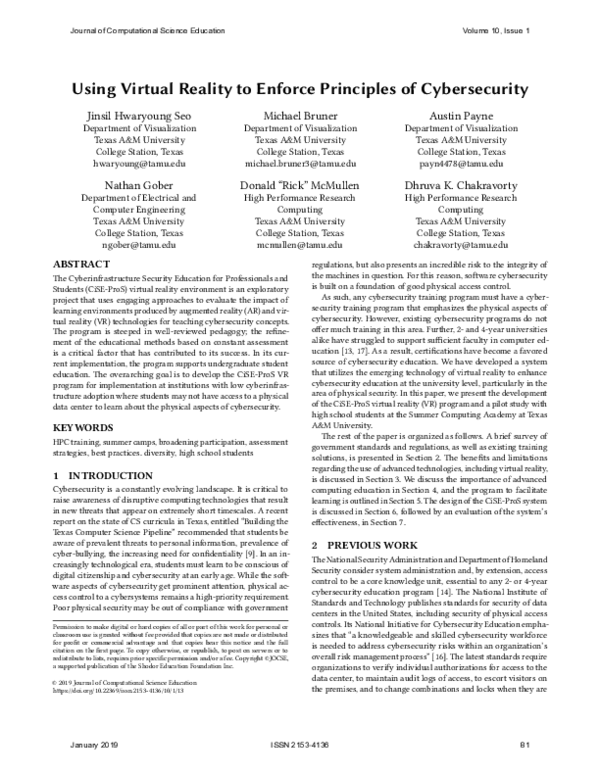 (PDF) Using Virtual Reality to Enforce Principles of Cybersecurity
