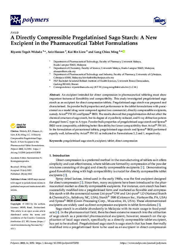 (PDF) A Directly Compressible Pregelatinised Sago Starch: A New ...