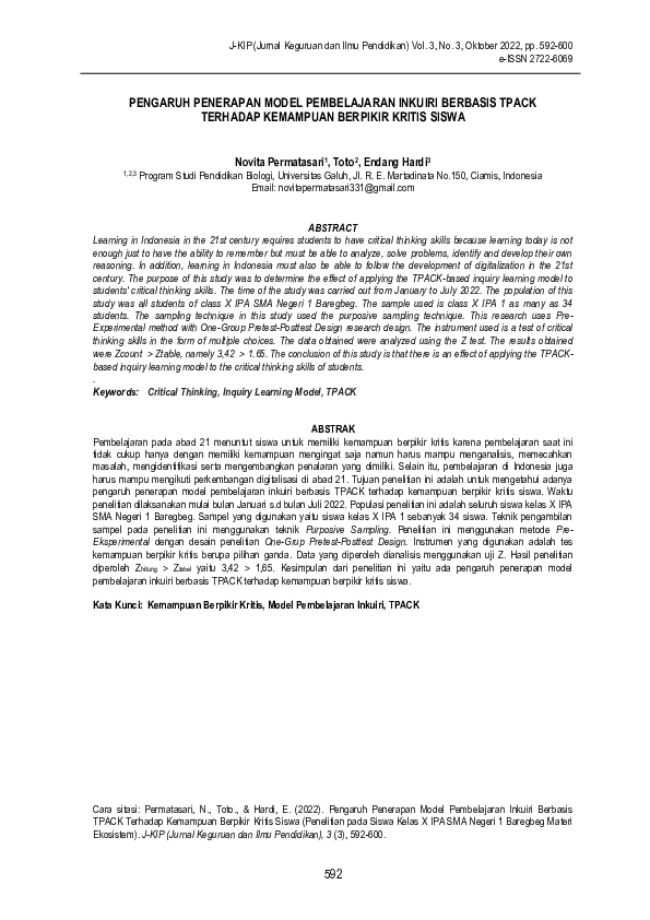 (PDF) Pengaruh Penerapan Model Pembelajaran Inkuiri Berbasis Tpack Terhadap Kemampuan Berpikir ...