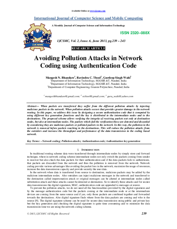 (PDF) Avoiding Pollution Attacks in Network Coding using Authentication Code