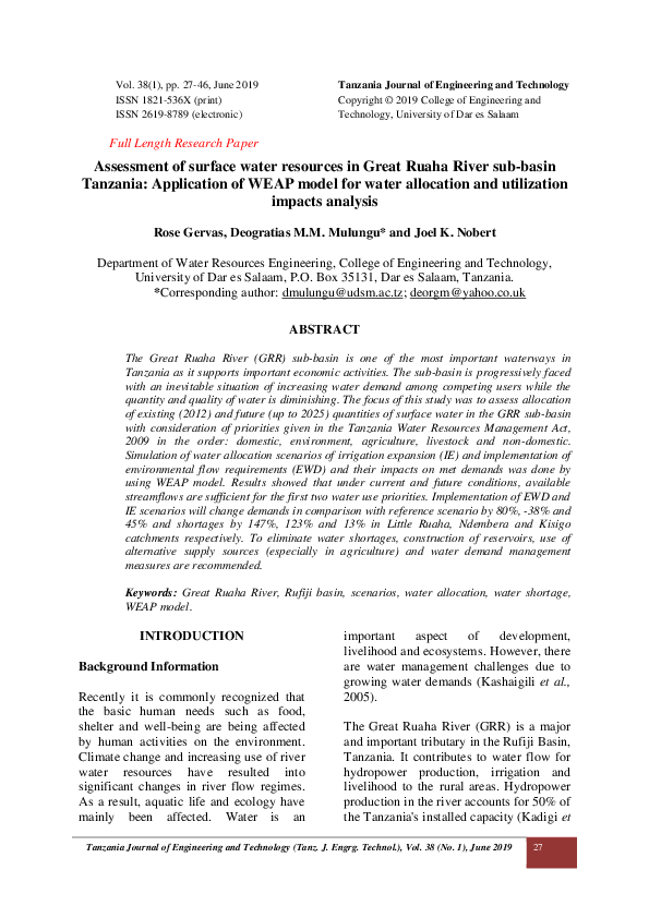 (PDF) Assessment of Surface Water Resources in Great Ruaha River Sub-Basin Tanzania: Application ...