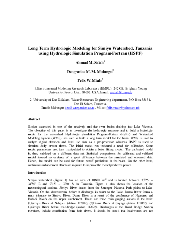 (PDF) Long Term Hydrologic Modeling for Simiyu Watershed, Tanzania ...
