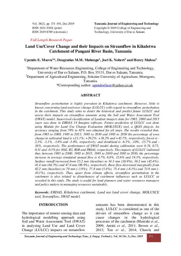 (PDF) Land Use/Cover Change and their Impacts on Streamflow in Kikuletwa Catchment of Pangani ...